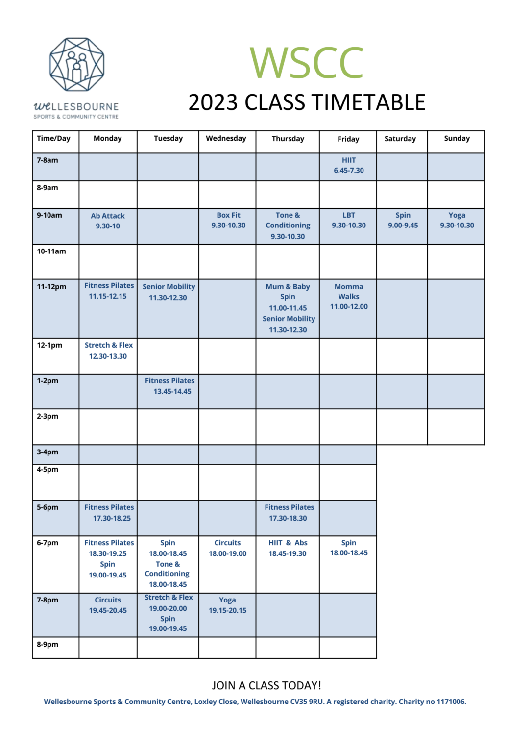 Class Timetable – Wellesbourne Sports & Community Centre